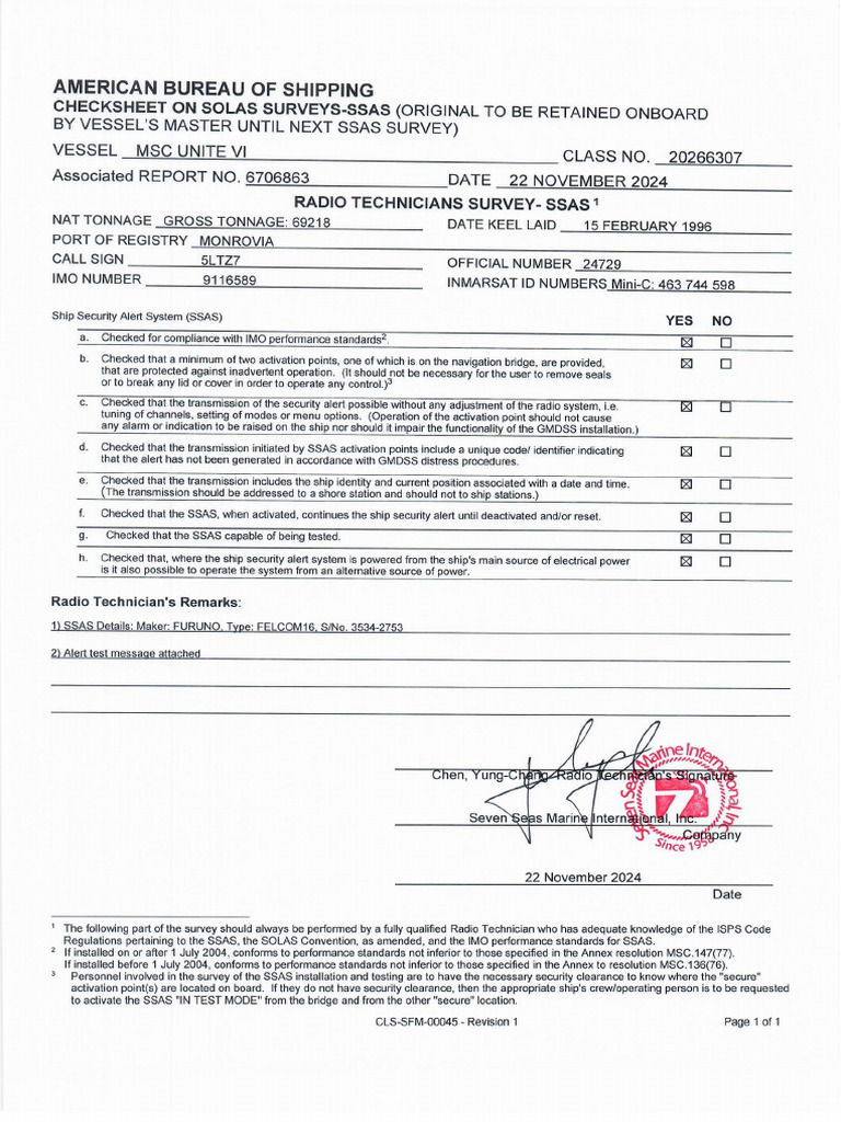 Ssas Test Report (MSC Unite Vi) | PDF
