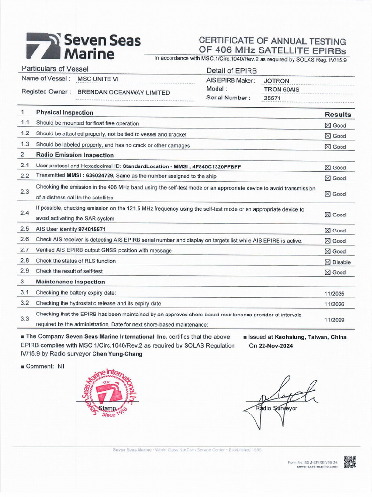 Epirbs Test Report (MSC Unite Vi) | PDF