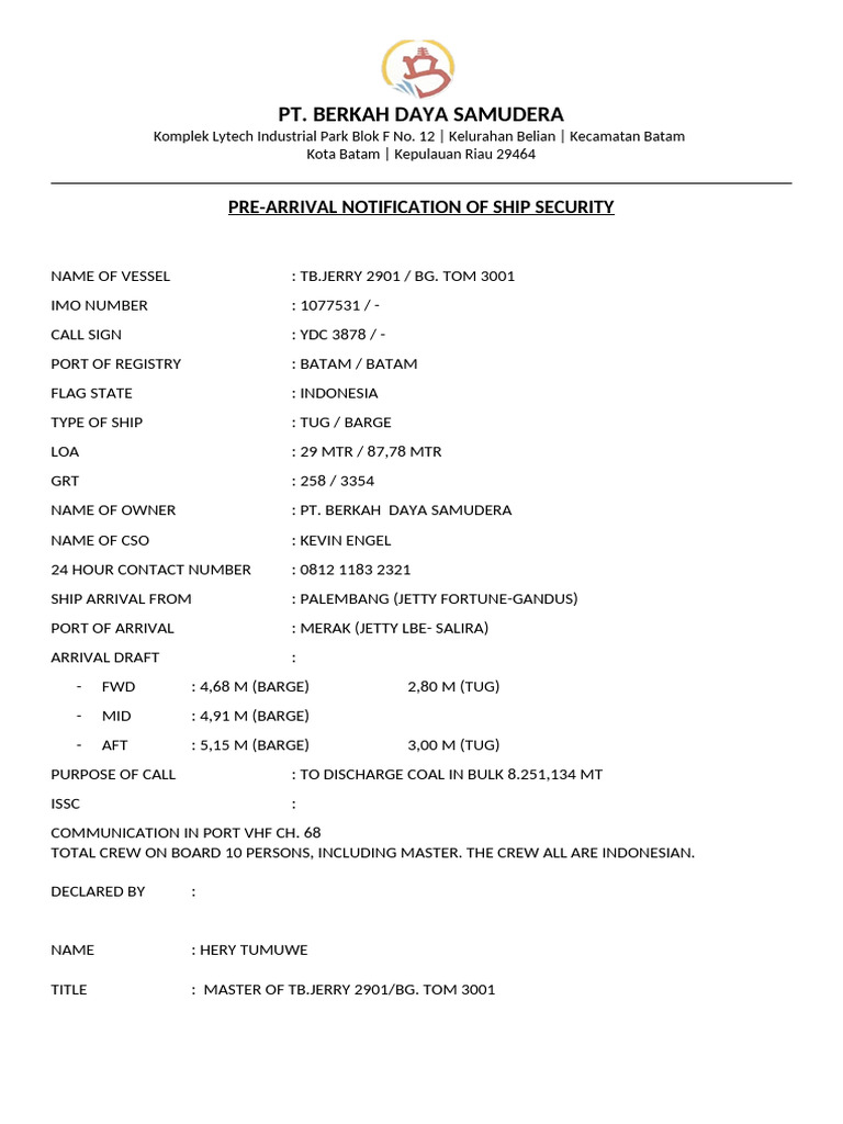 Pre-Arrival Notification for Tug Boat | PDF