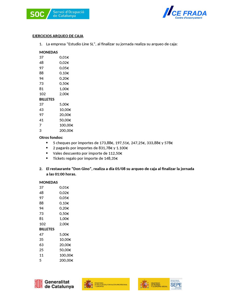 Ejercicios Arqueo de Caja | PDF