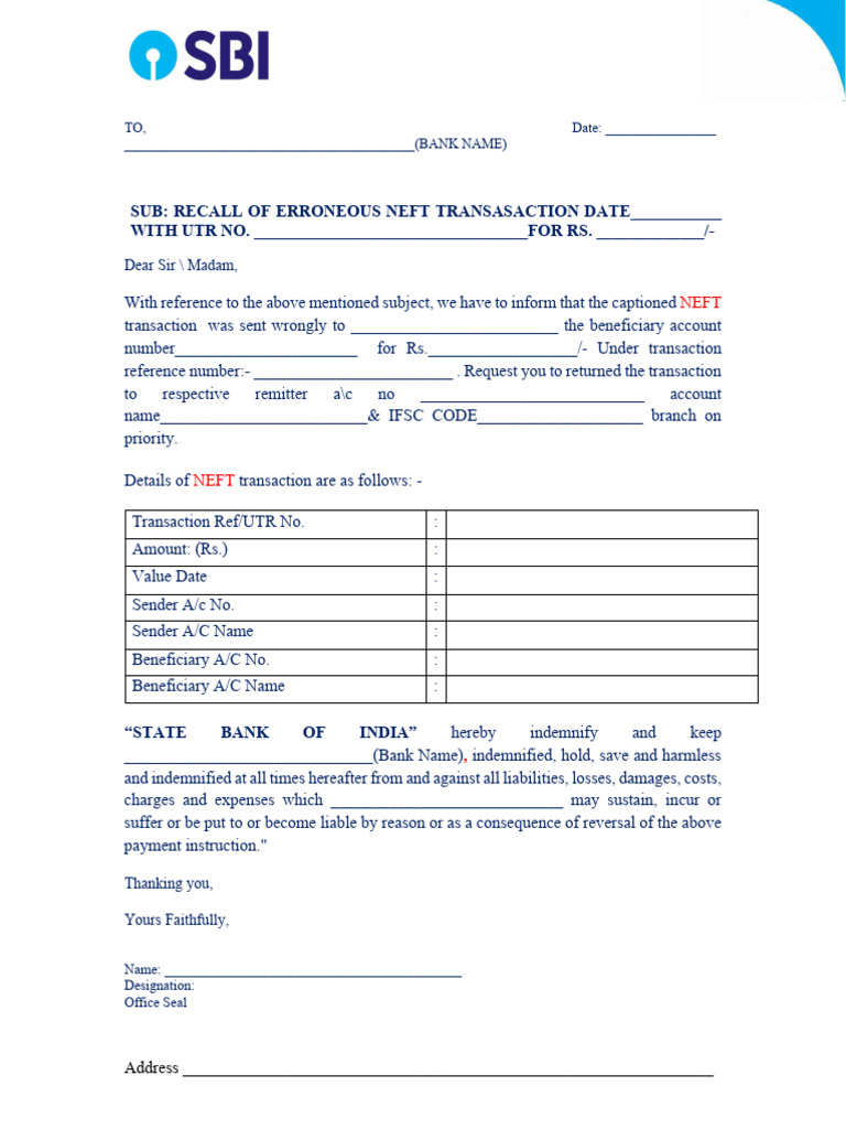 NEFT Transaction Recall Indemnity Letter | PDF