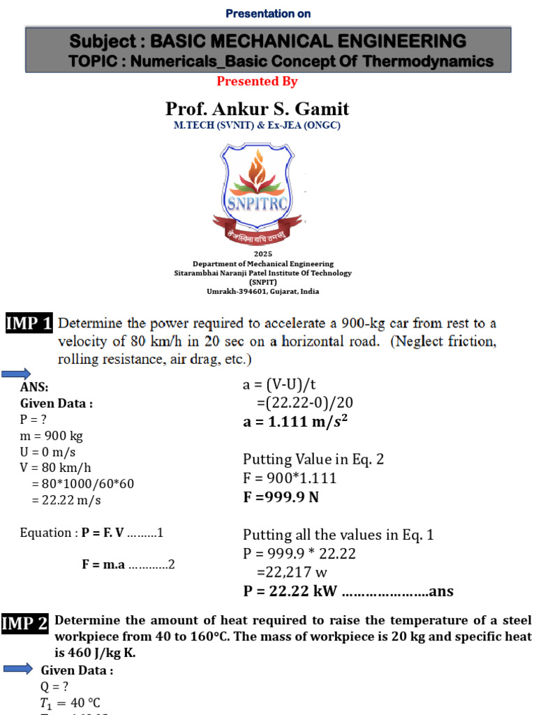 ASG 1 Numericals Basic Concept of Thermodynamics | PDF | Classical Mechanics | Physics