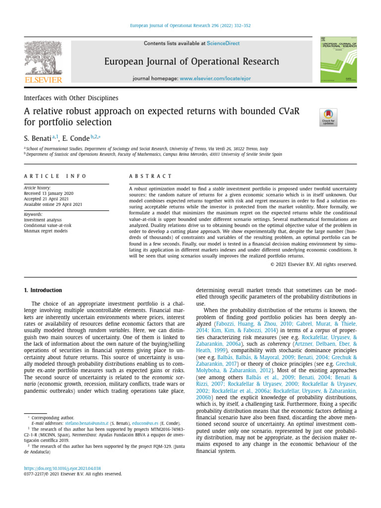 A Relative Robust Approach On Expected Returns With Bounded CVaR For Portfolio Selection | PDF ...
