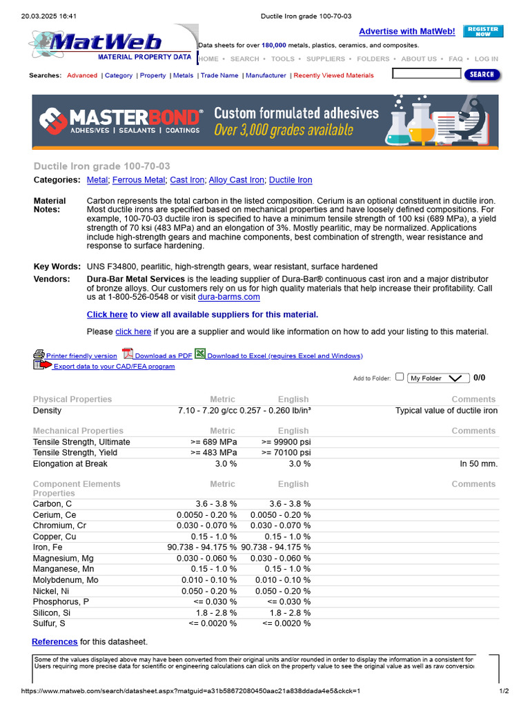 Ductile Iron Grade 100-70-03 Data Sheet | PDF | Iron | Metals