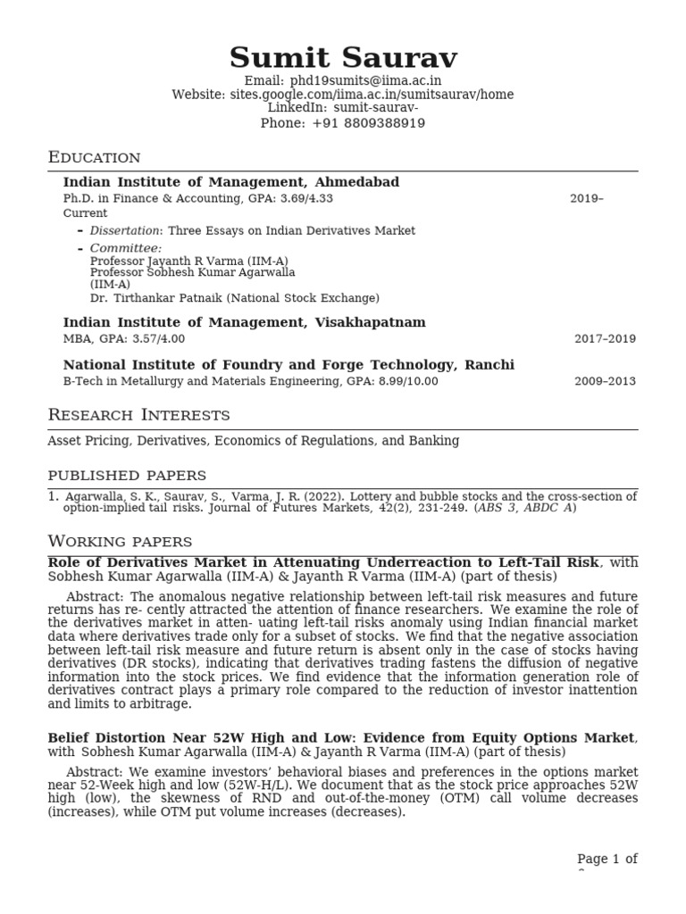 CV Sumit Saurav | PDF | Interest | Option (Finance)