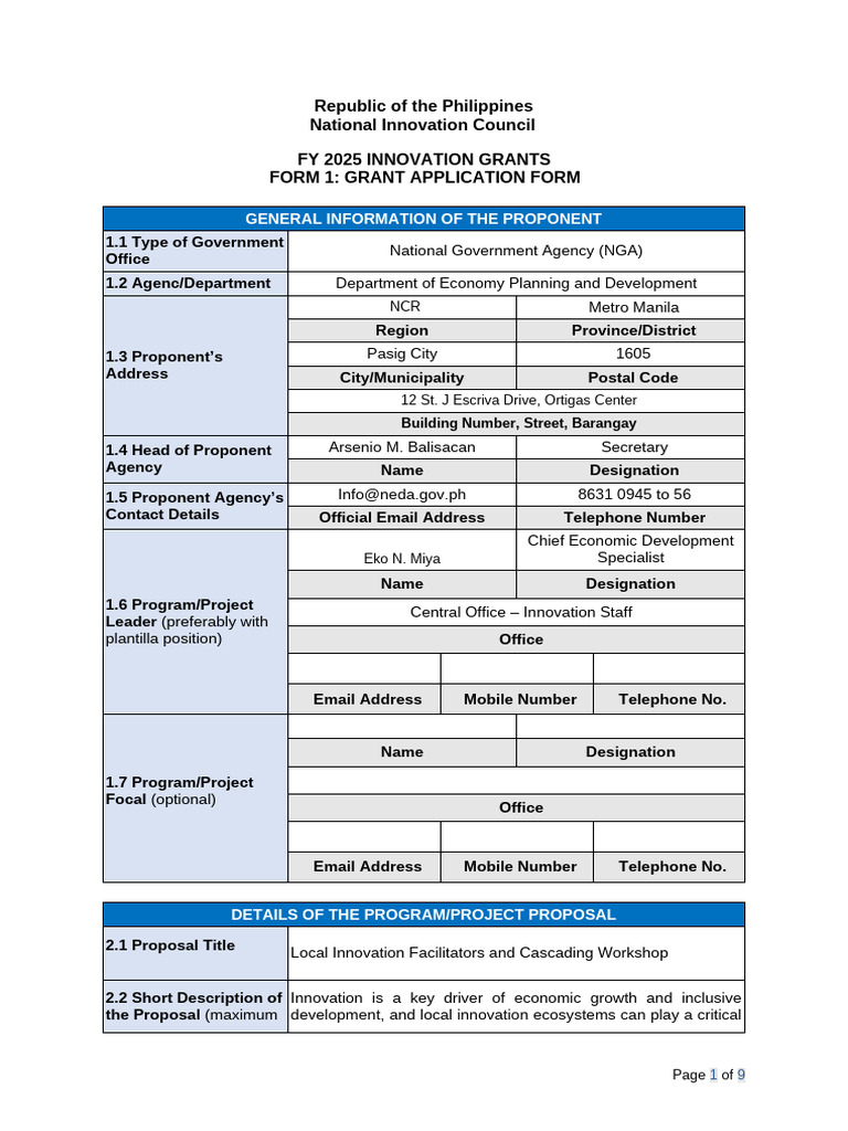 SAMPLE Form 1 Grant Application Form | PDF | Innovation | Sustainability
