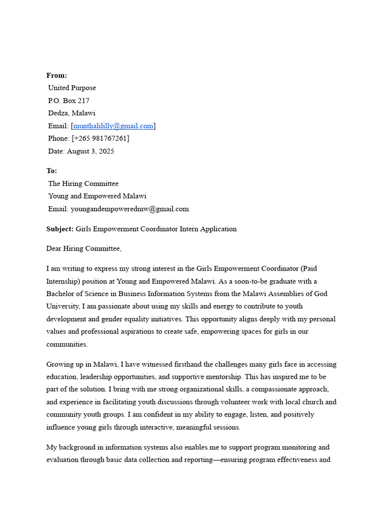 Cover Letter for Girls Empowerment | PDF