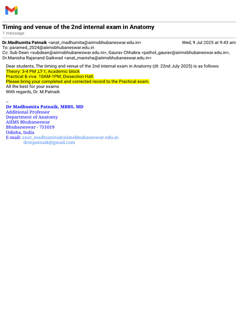 Gmail - Timing and Venue of the 2nd Internal Exam in Anatomy | PDF