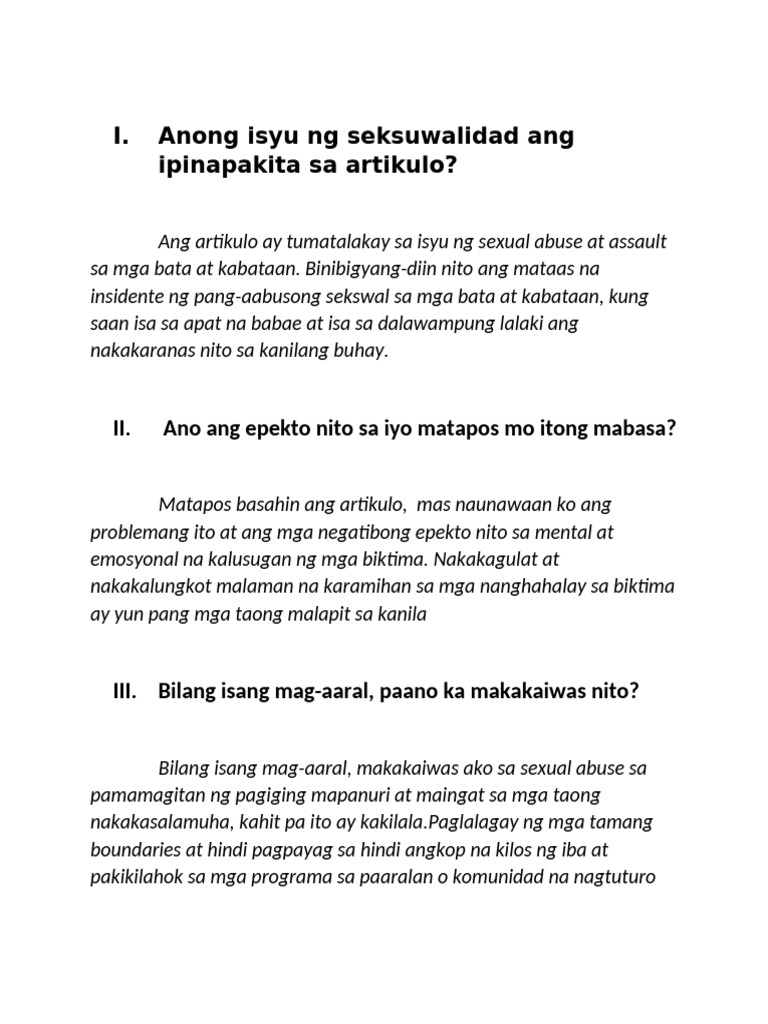 I. Anong Isyu NG Seksuwalidad Ang Ipinapakita Sa Artikulo?: II. Ano Ang ...