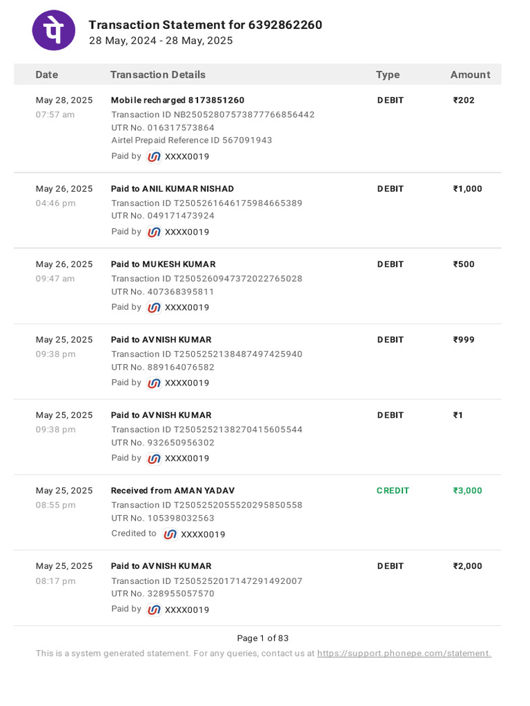 PhonePe Statement May2024 May2025 | PDF | Debit Card | Personal Finance