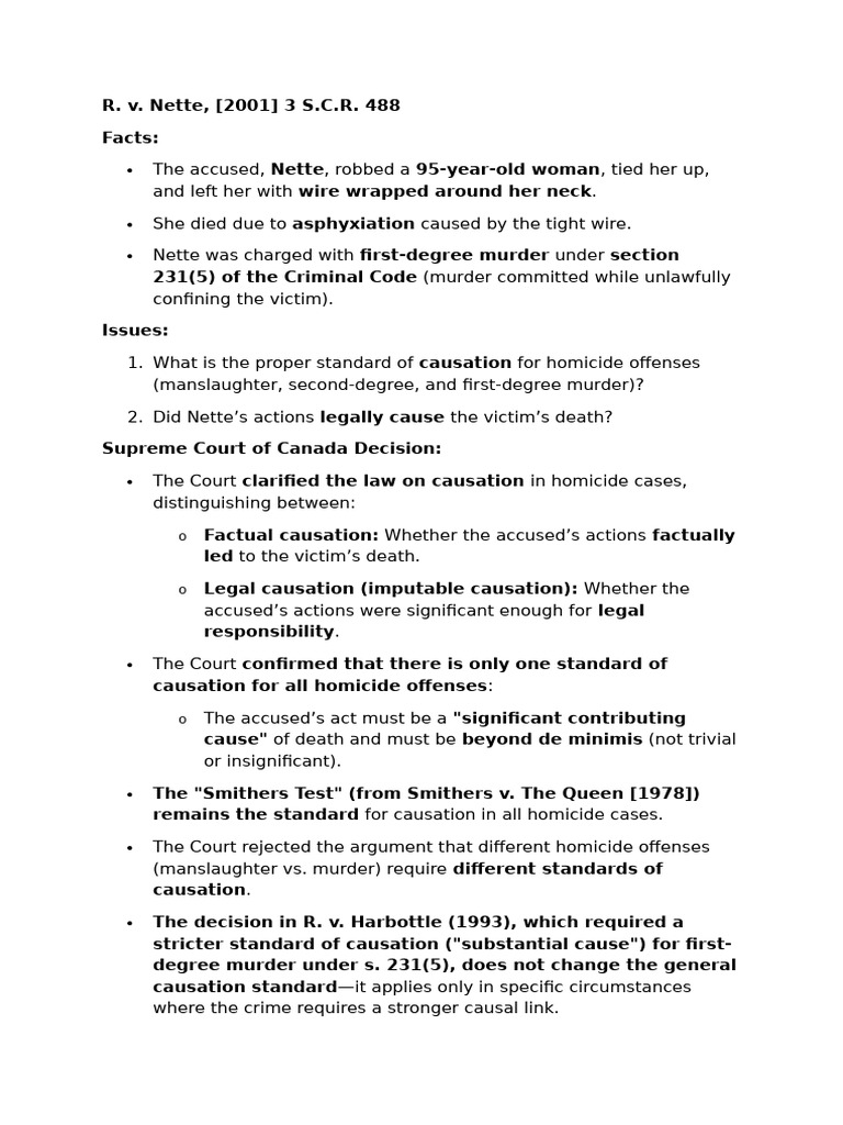 R V Nette - Significant Contributory Standard in Homicide Cases | PDF | Causation (Law) | Crimes