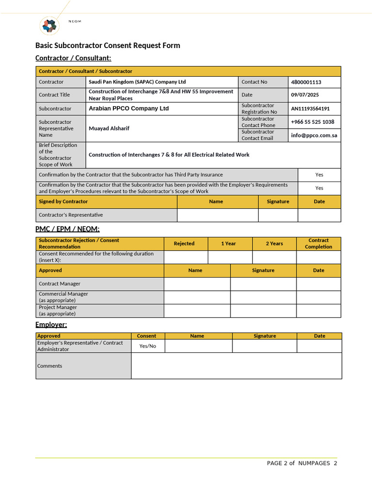 EP07.10.02 NEOM NPR PRO 018 Appendix A Basic Subcontractor Consent Request | PDF | Private Law ...