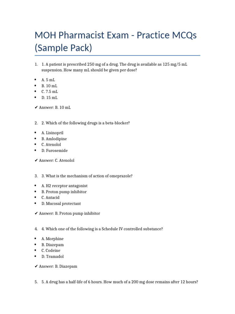 MOH Pharmacist Exam MCQ Practice | PDF