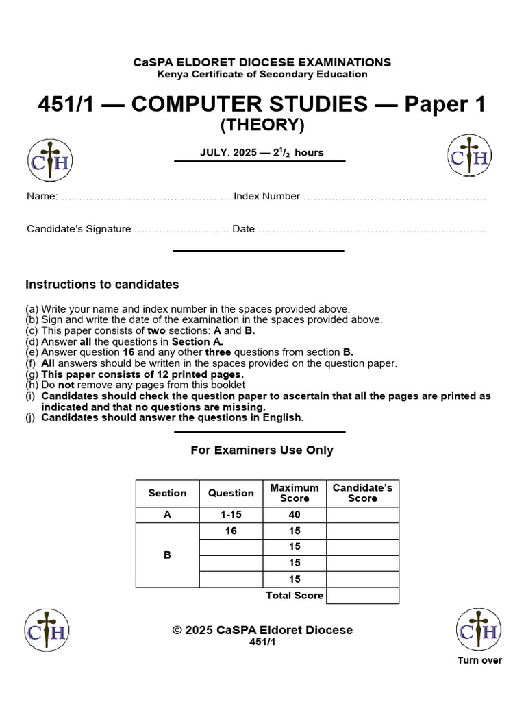 CaSPA Eldoret Diocese Computer Studies Paper 1 - 2025 - QP | PDF | Computer File | Computing