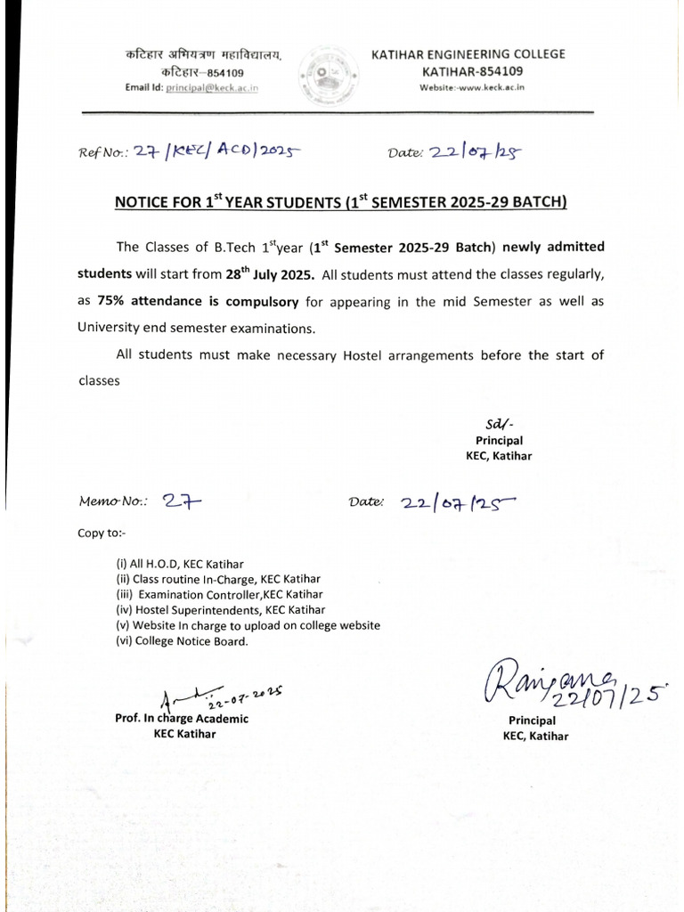 1st Semester (2025-29 Batch) Class Start Notice | PDF