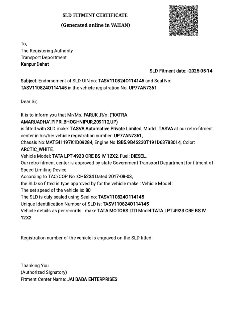 SLD Fitment Certificate (Generated Online in VAHAN) | PDF