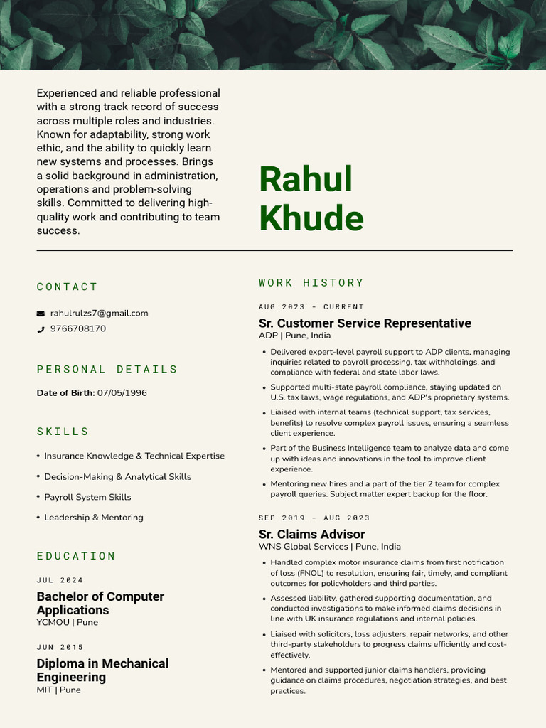 Rahul Khude Resume Updated | PDF | Insurance | Payroll