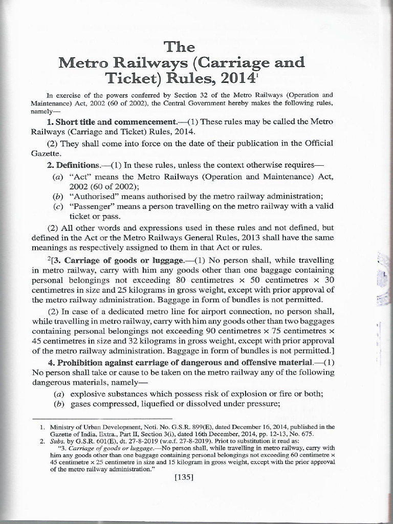 Metro Railways (Carriage and Ticket) Rules, 2014 | PDF