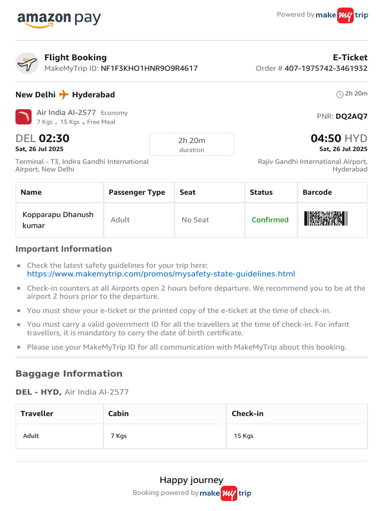 DEL HYD: Flight Booking E-Ticket | PDF | Transport | Airlines