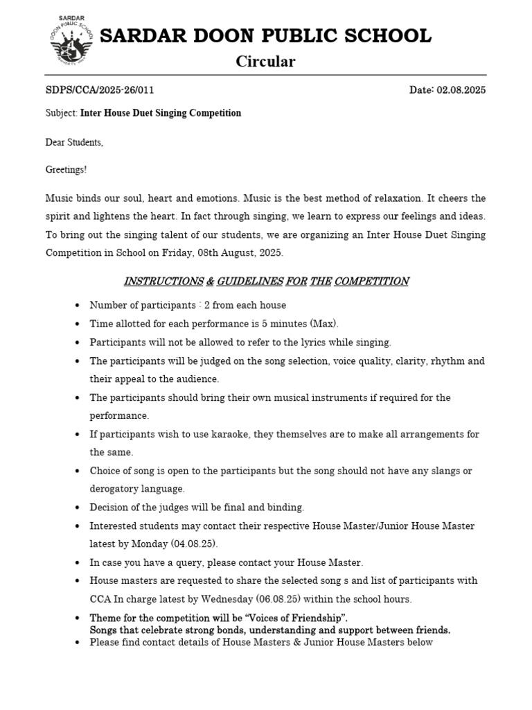 Inter House Duet Singing Competition 2025 | PDF | Entertainment ...