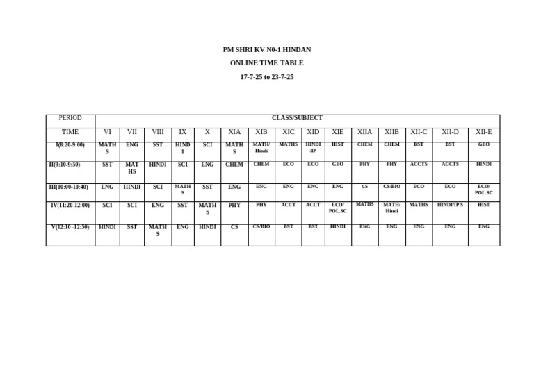 PM SHRI KV N0-1 Hindan Timetable 2025 | PDF