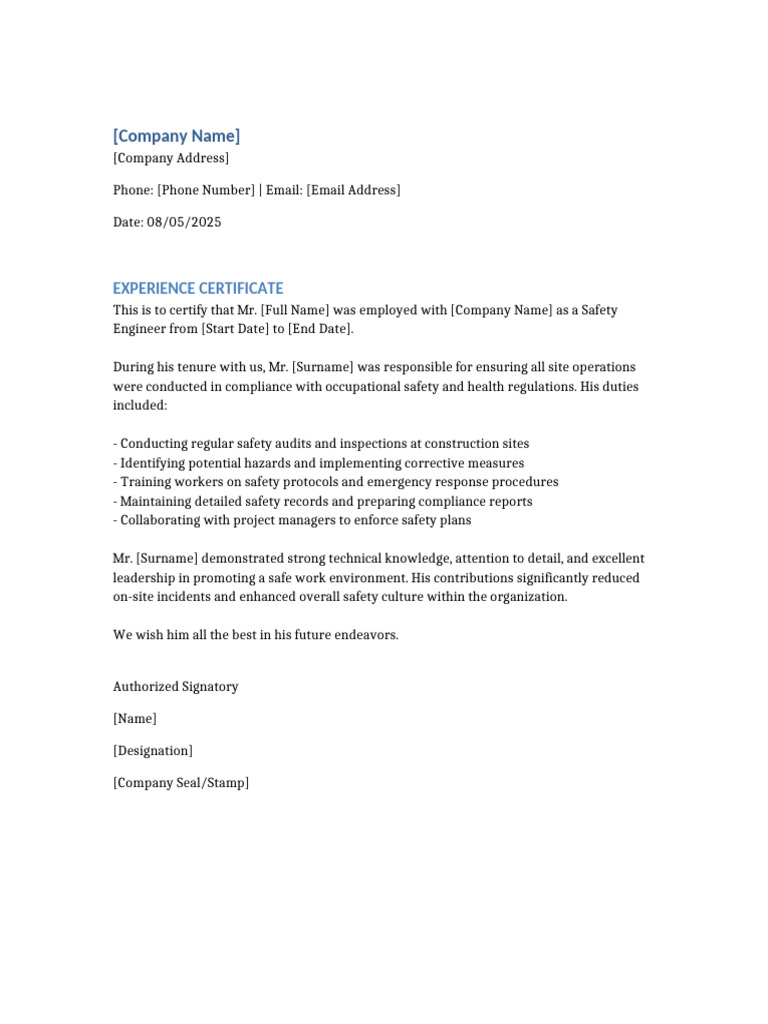 Safety Officer Experience Certificate | PDF