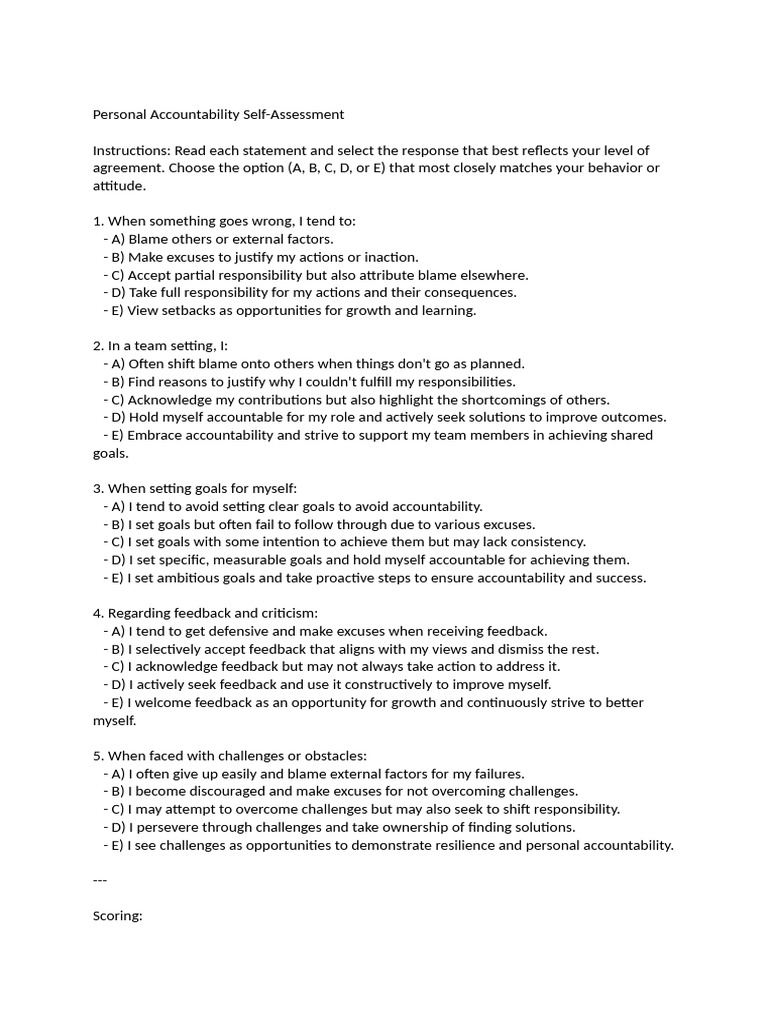 Personal Accountability Self-Assessment Tool | PDF | Accountability | Goal