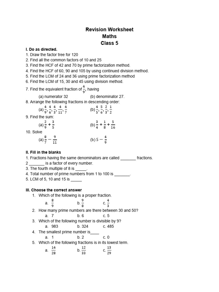 Class 5 Maths Revision Worksheet | PDF