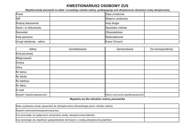Kwestionariusz Do ZUS | PDF