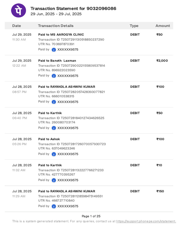 Transaction Statement for July 2025 | PDF | Debits And Credits | Debit Card