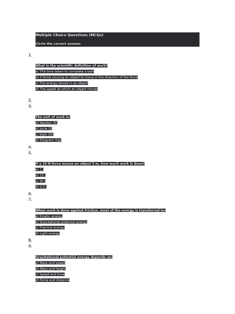 Physics MCQs on Work and Energy | PDF