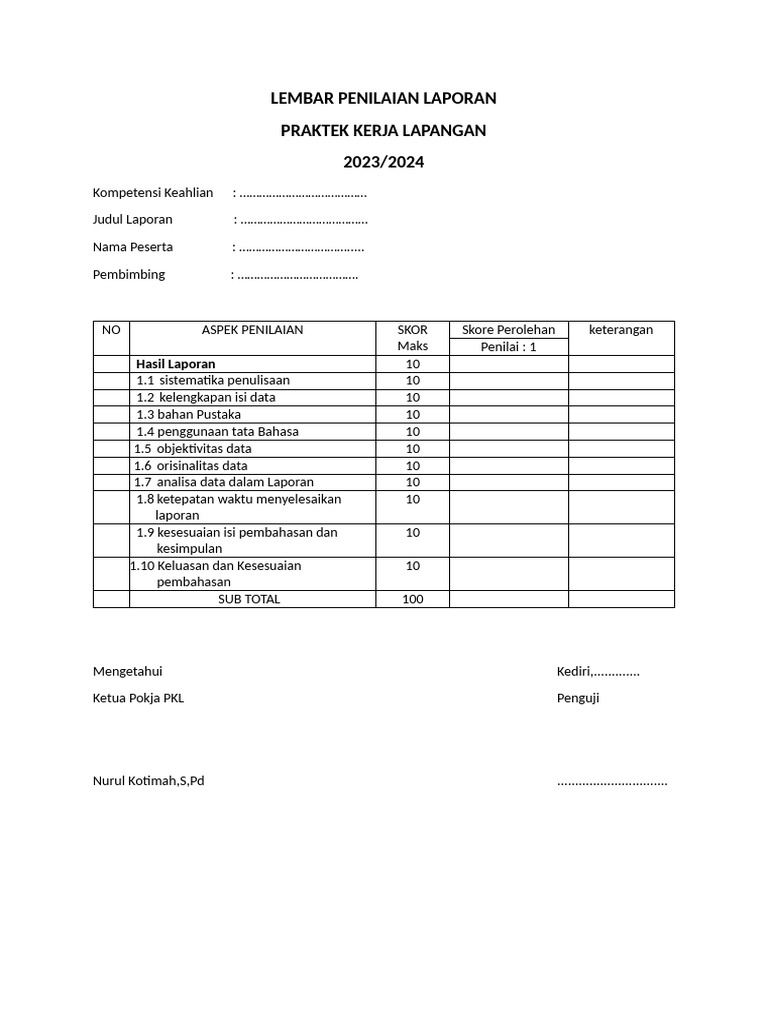 Tabel Penilaian Laporan PKL 2023/2024 | PDF