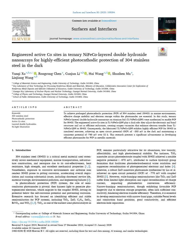 Surfaces and Interfaces: Yanqi Xu, Rongrong Chen, Cunjun Li, Hai Wang, Shuzhen Ma, Linjiang Wang ...