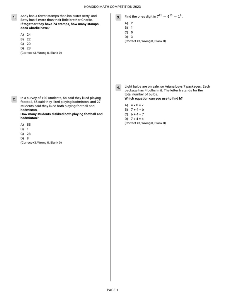 Komodo Math Competition 2023 Questions | PDF