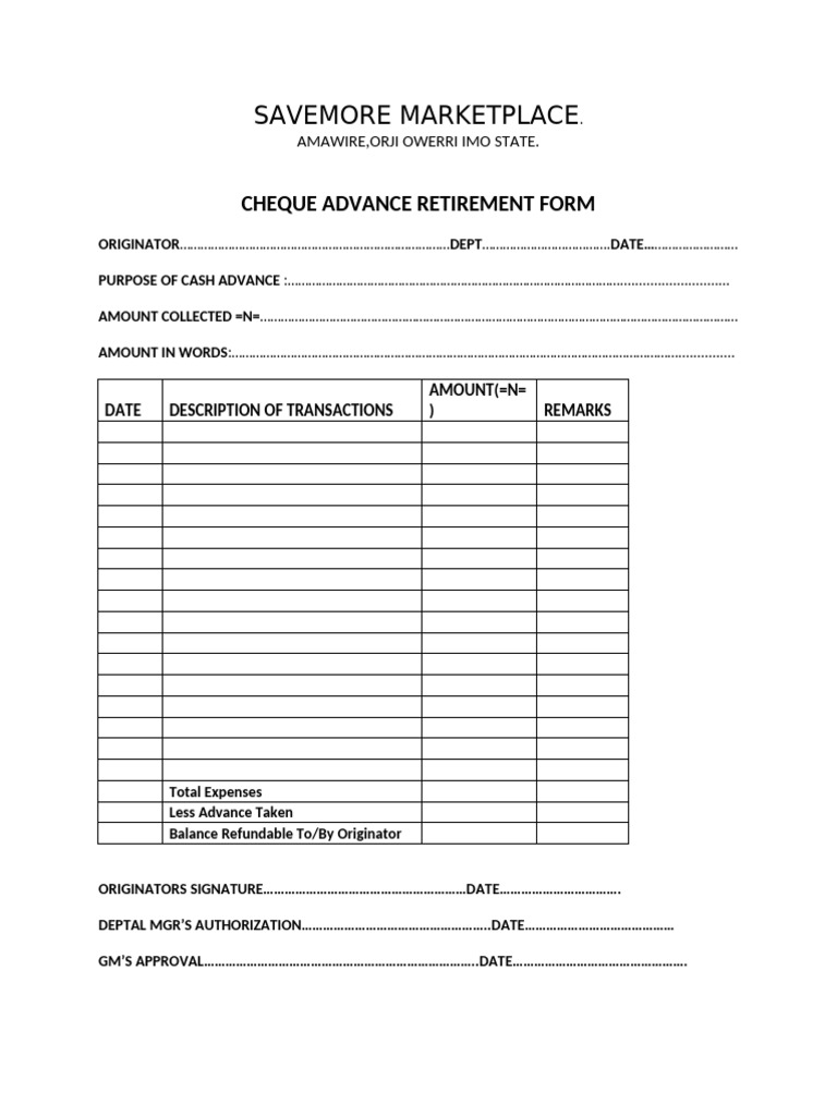 Cheque Advance Retirement Form | PDF