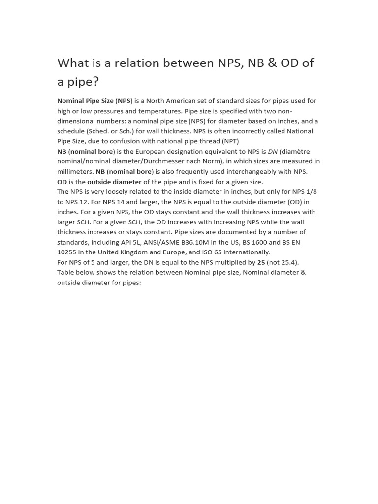 NPS, NB, and OD Pipe Size Relations | PDF | Pipe (Fluid Conveyance ...