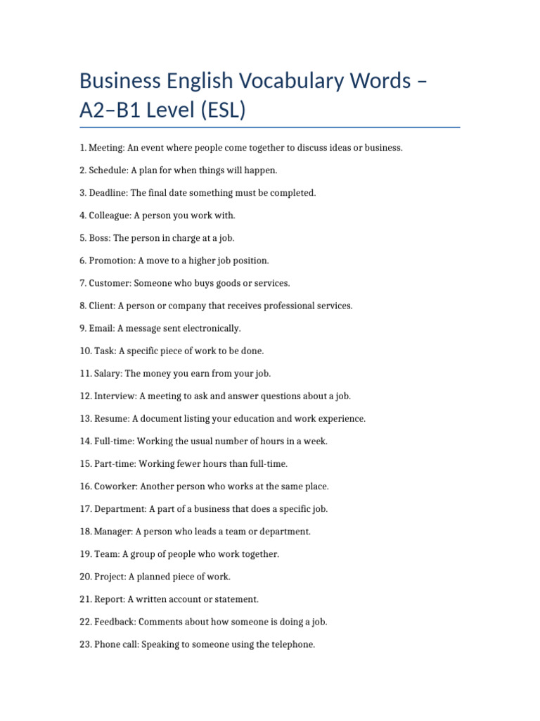 A2-B1 Business English Vocabulary Guide | PDF | Business | Economies