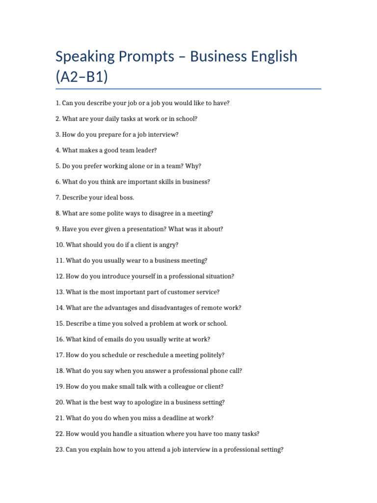 100 Business English Speaking Prompts A2 B1 | PDF | Chess | Chess Theory