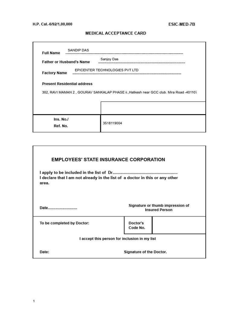Medical Acceptance Card Application Form | PDF