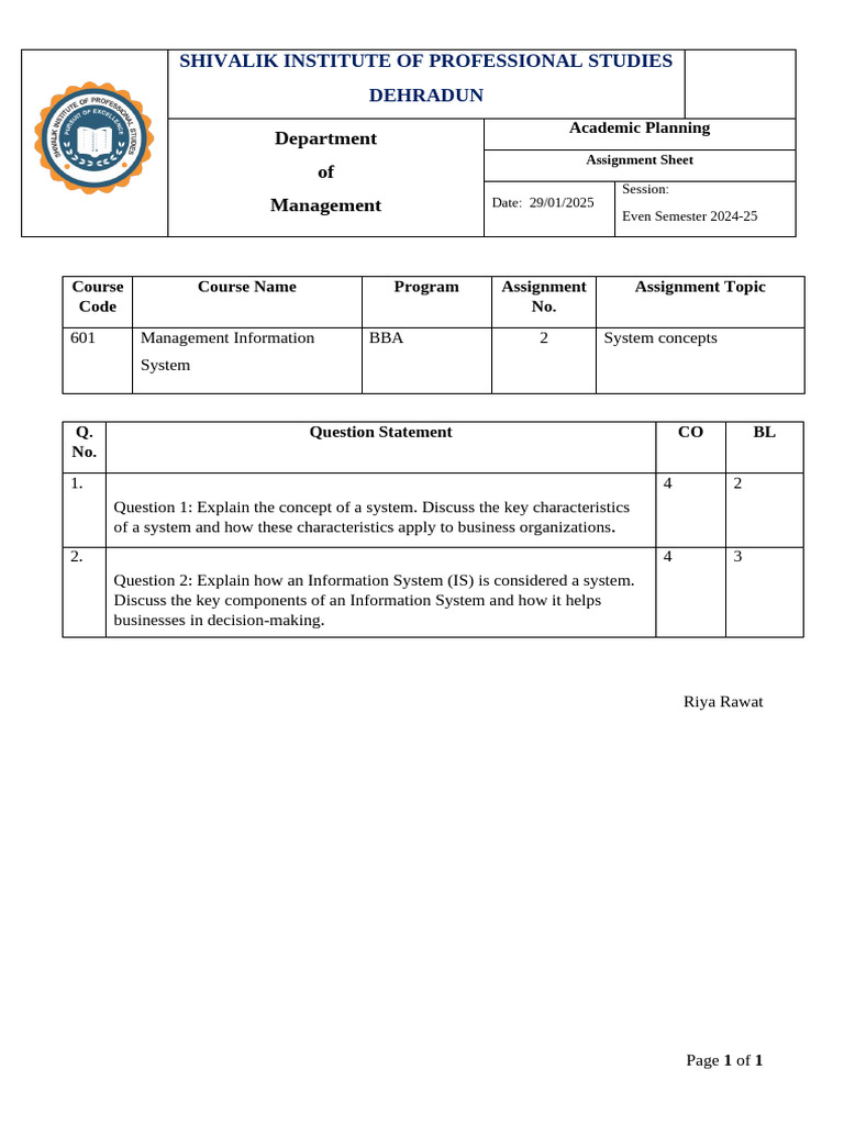 Assignment Sheet MIS2 | PDF