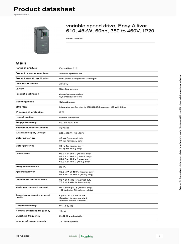 ATV610D45N4 Variable Speed Drive Specs | PDF | Relay | Electric Motor