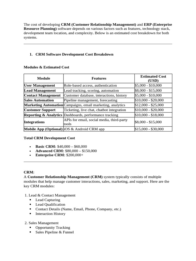 CRM and ERP Development Cost Breakdown | PDF | Customer Relationship ...