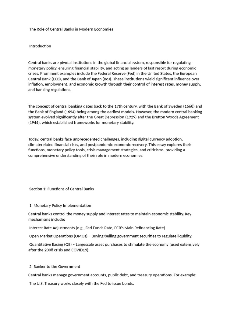 The Role of Central Banks in Modern Economies | PDF | Central Banks ...
