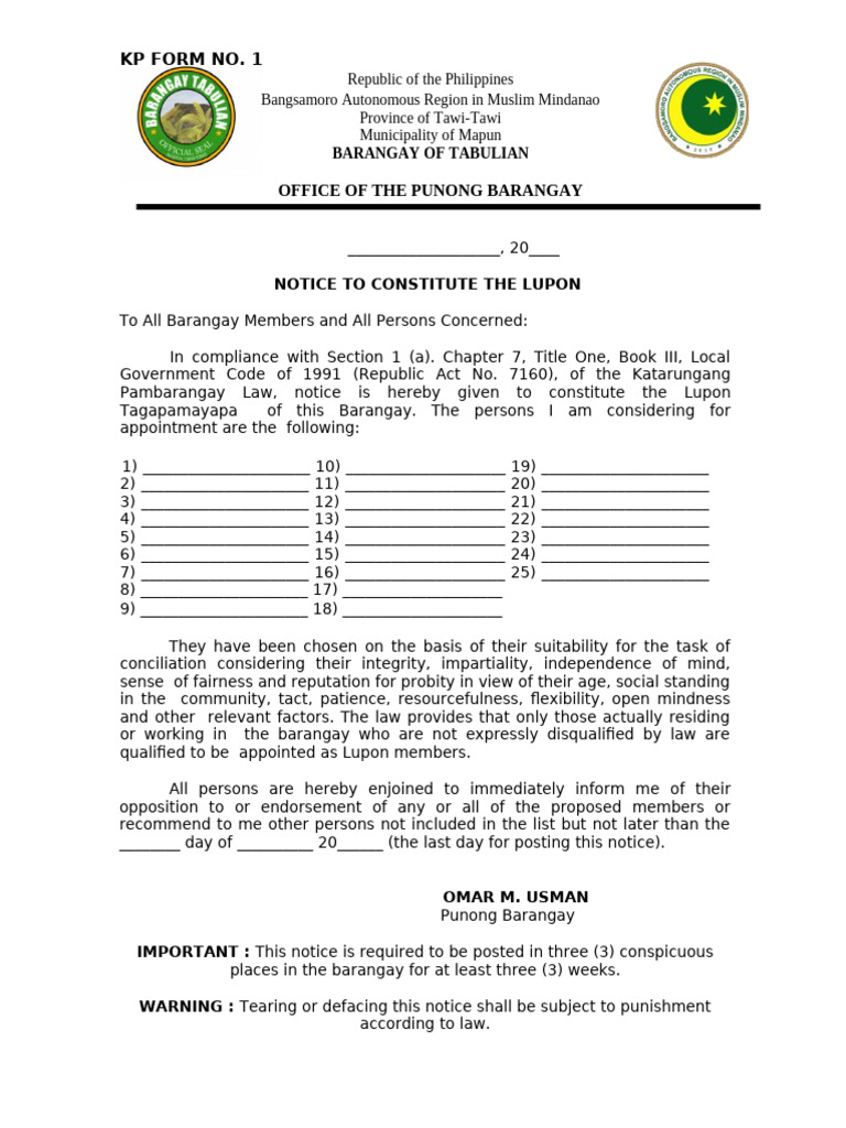 KP Form 1 - Notice To Constitute Lupon | PDF | Justice | Crime & Violence