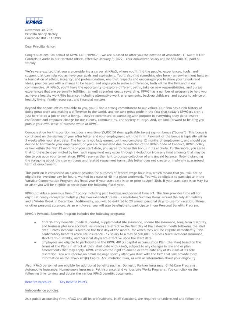 Priscilla Nancy Nartey - OFFER - CSD Fulltime | PDF | Employment | Insurance