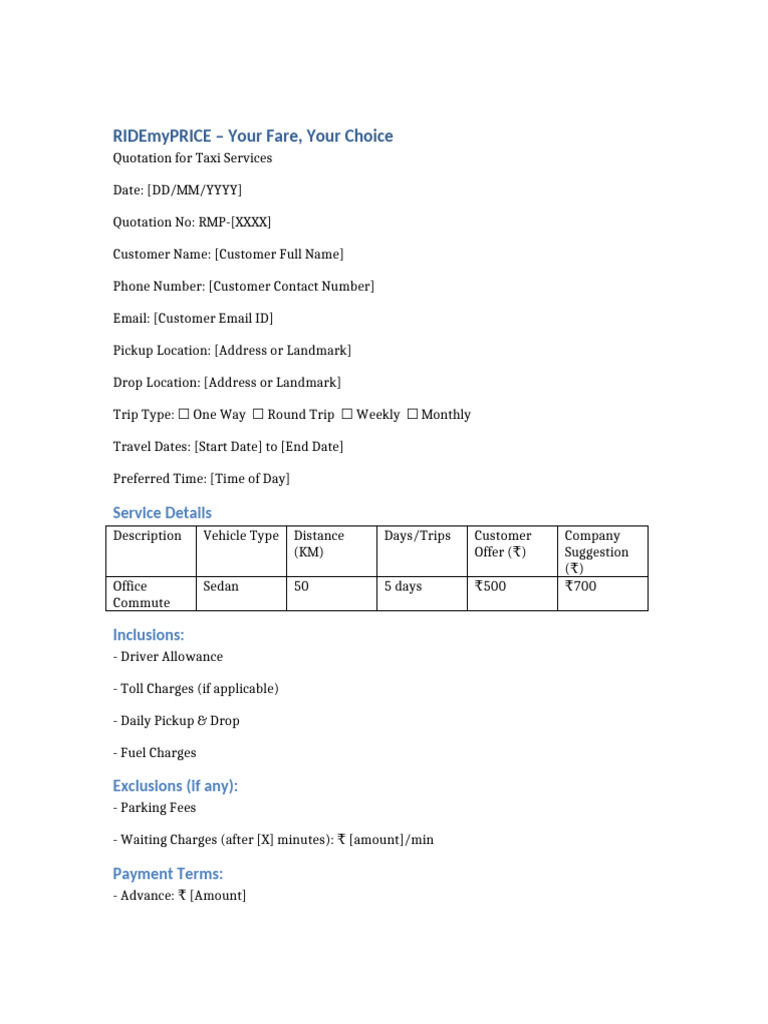 Taxi Service Quotation Template | PDF