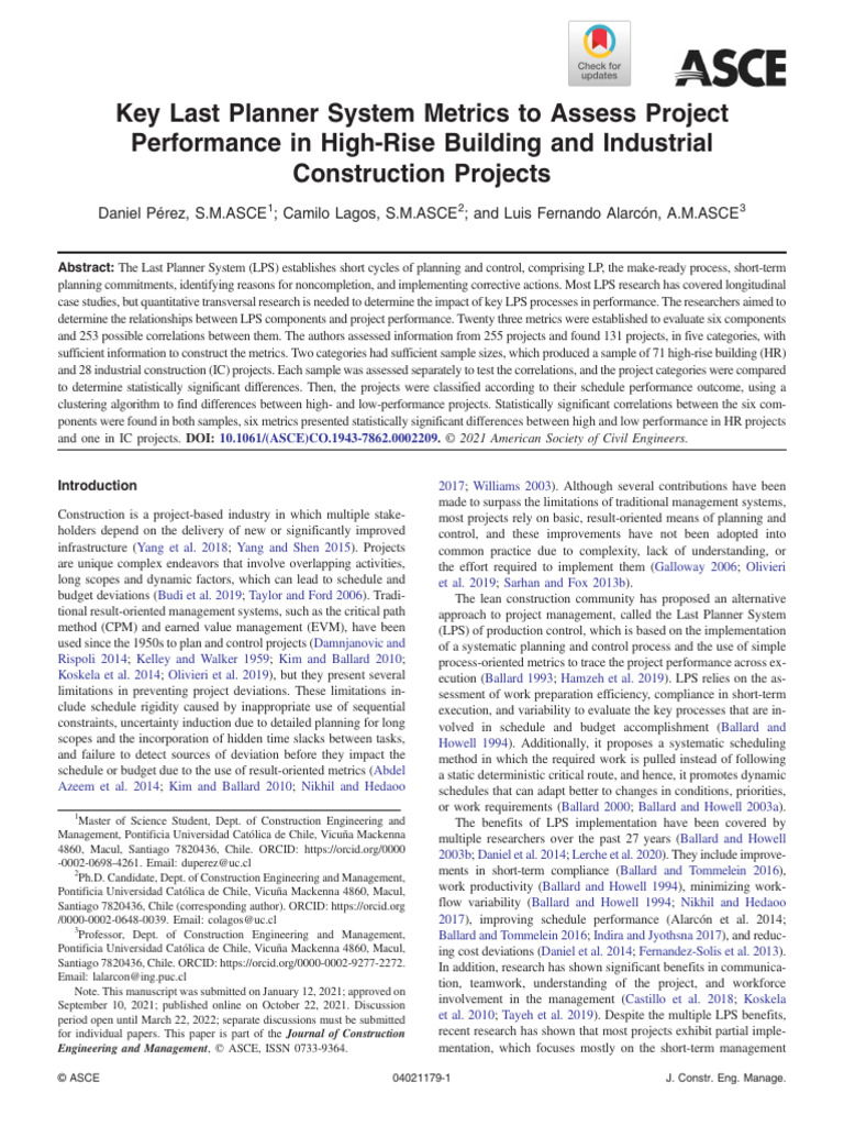 Pérez Et Al Key Last Planner System Metrics To Assess Project ...