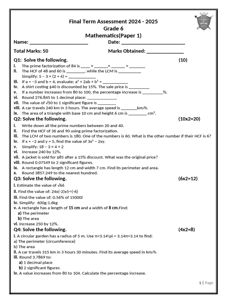 Grade 6 Maths Final Exam 2024-2025 | PDF | Area | Significant Figures