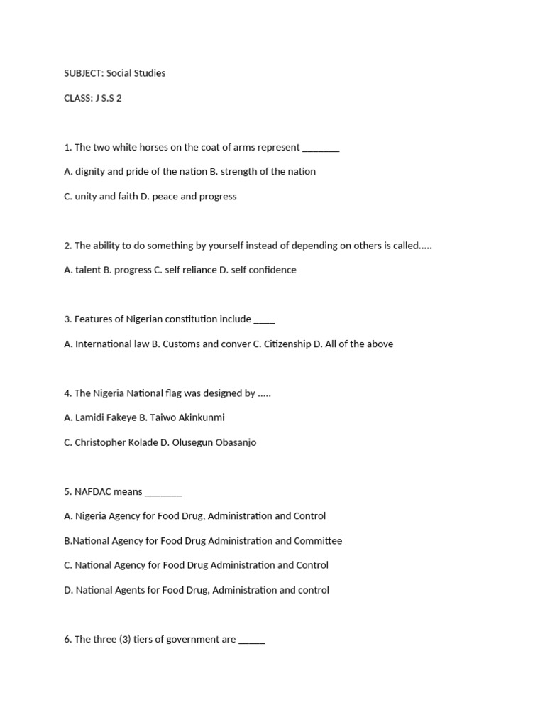 3rd Term Exam Questions Jss2 Social Studies | PDF | Nigeria | Government