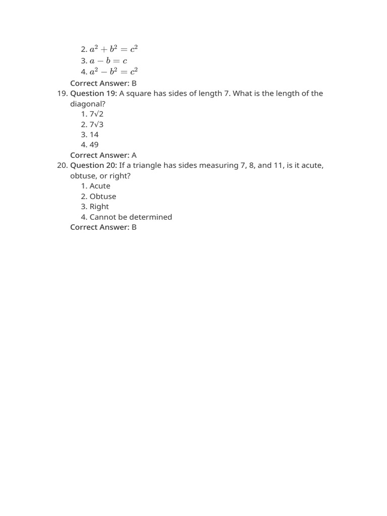 Pythagoras Theorem Quiz-17 | PDF